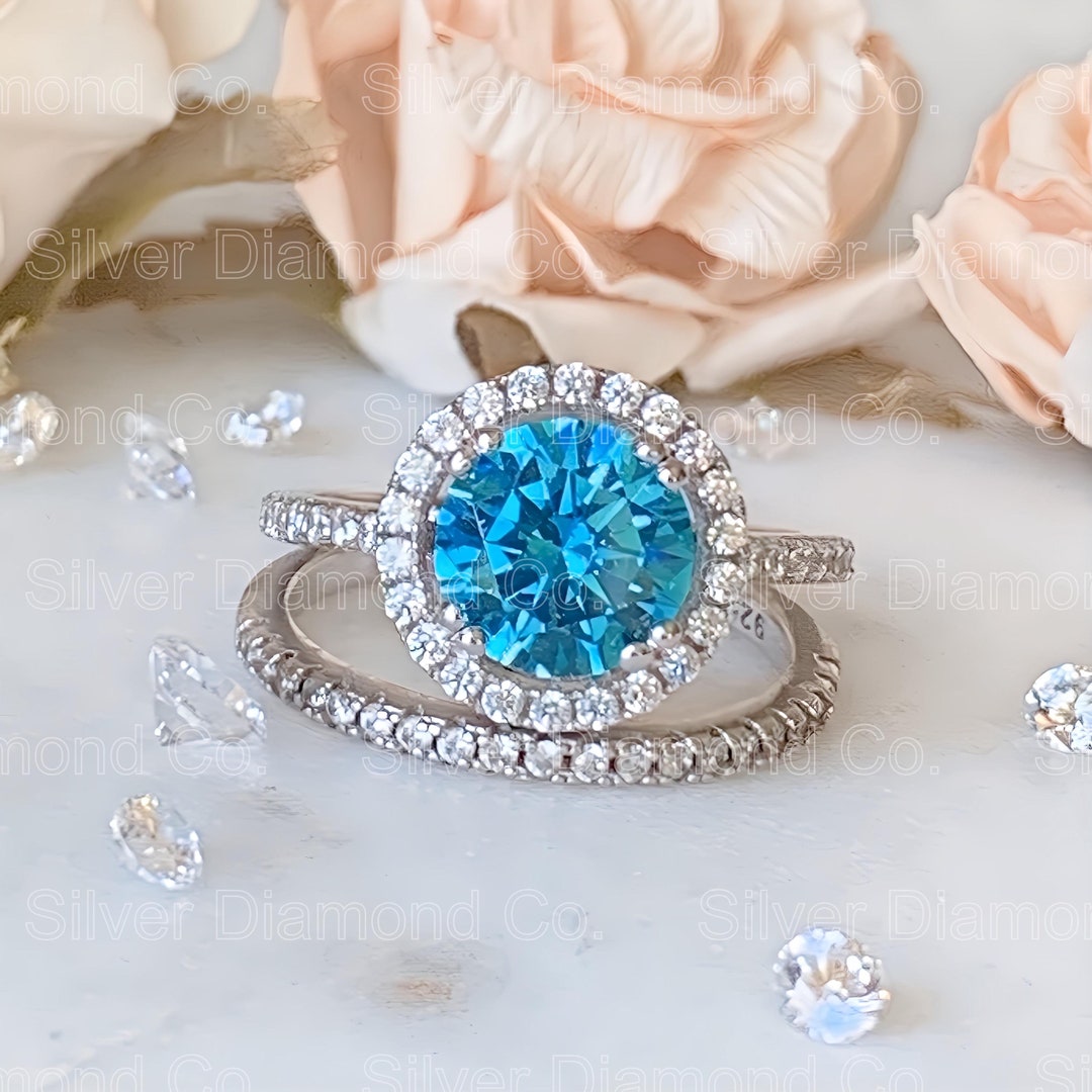 2ct Blue Bridal Set Engagement Ring Lab Created Blue Diamond Halo Art ...