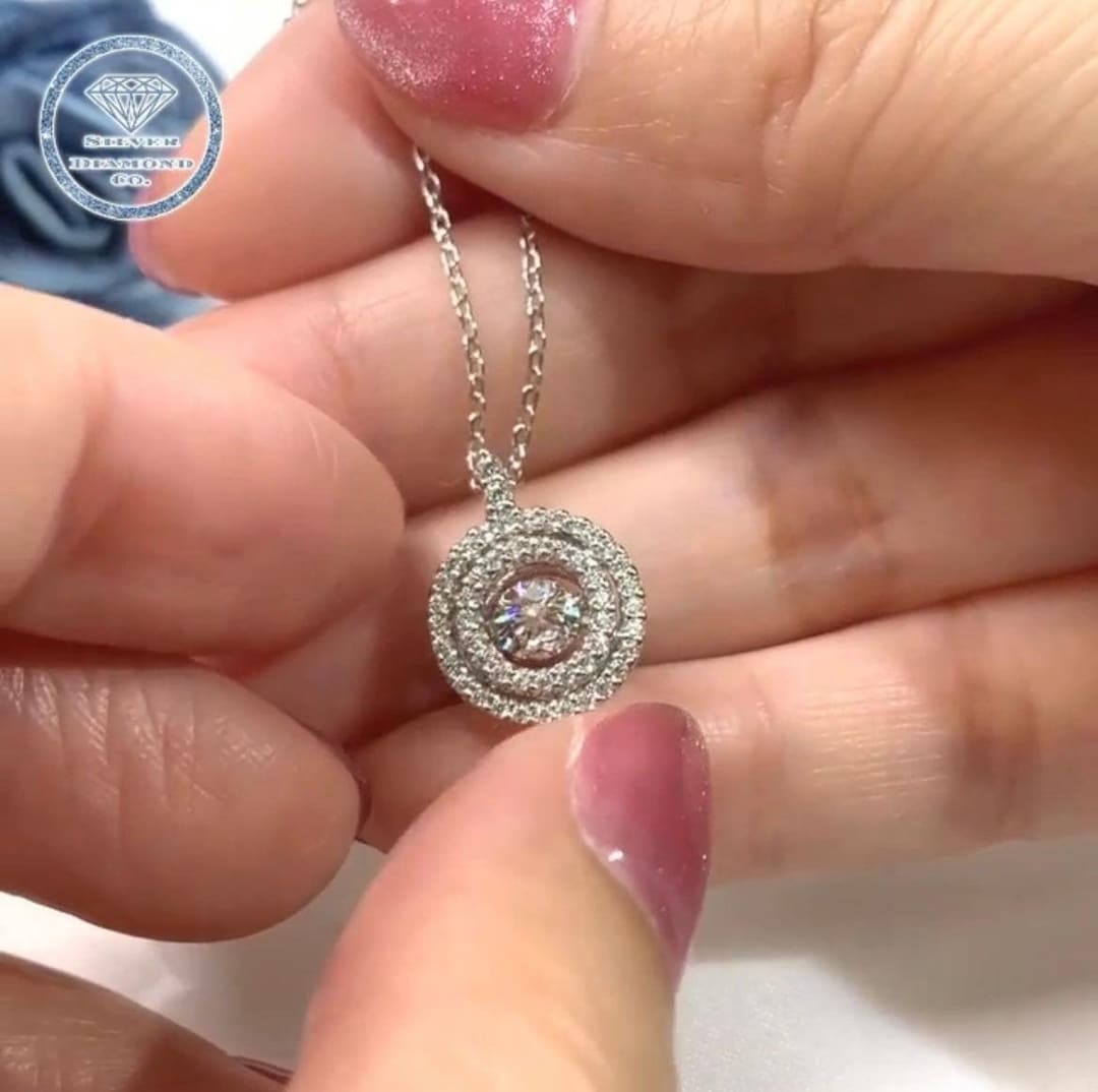 Double Halo Diamond Necklace Lab Created Moving Diamond Pendant ...