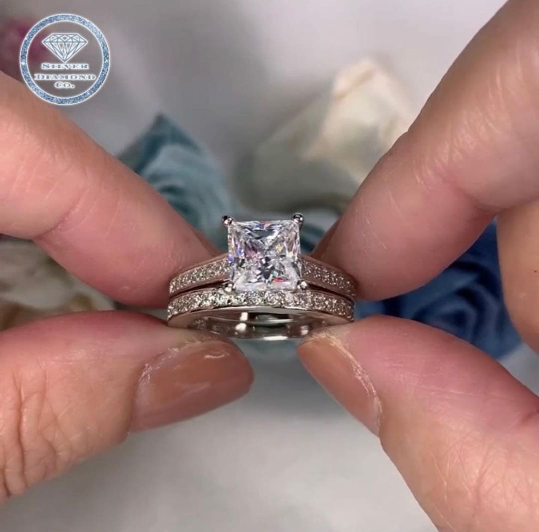 2 Carat Engagement Ring Set, Princess Cut Accented Bridal Ring Set, Lab ...