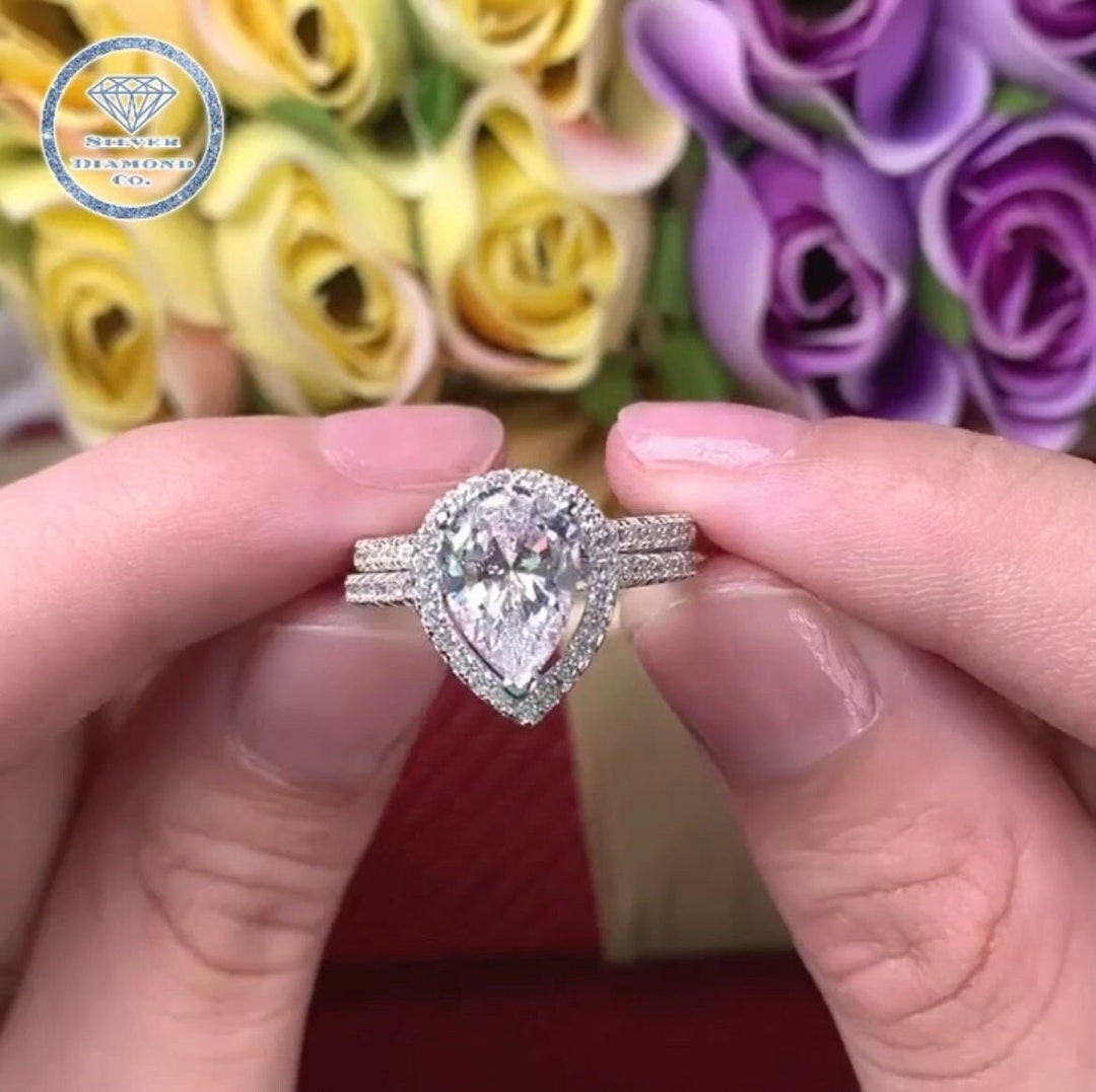 2ct Pear Lab Created Diamond Halo Engagement Ring Set Pear Shaped ...