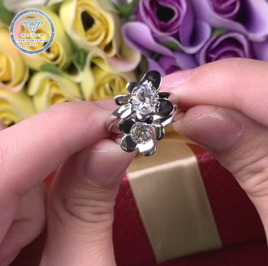 Butterfly Flower Engagement Ring Set Lab Created Diamond Wedding Ring ...