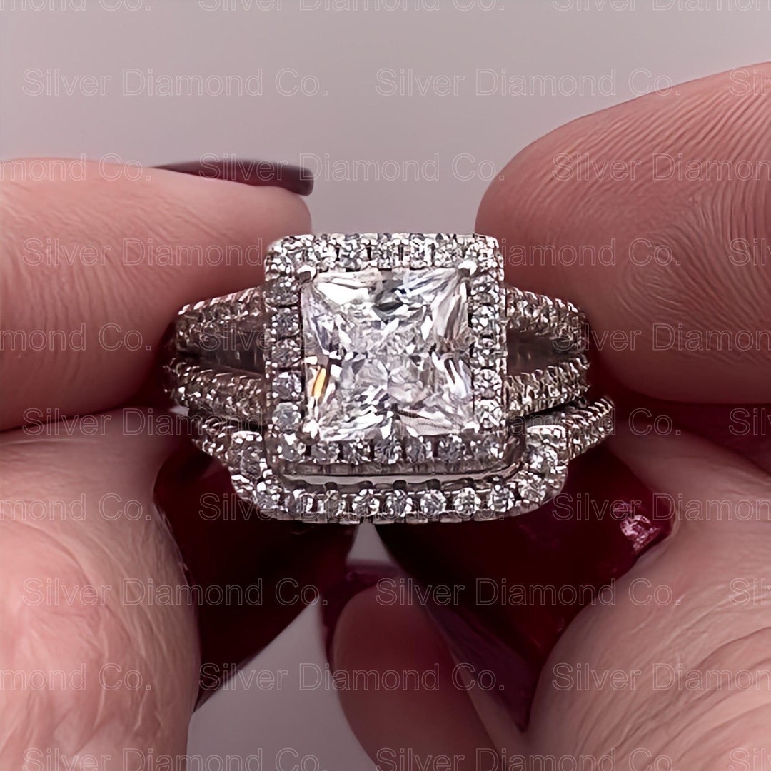 Art Deco Wedding Ring Set Princess Cut Created Diamond Engagement Ring ...