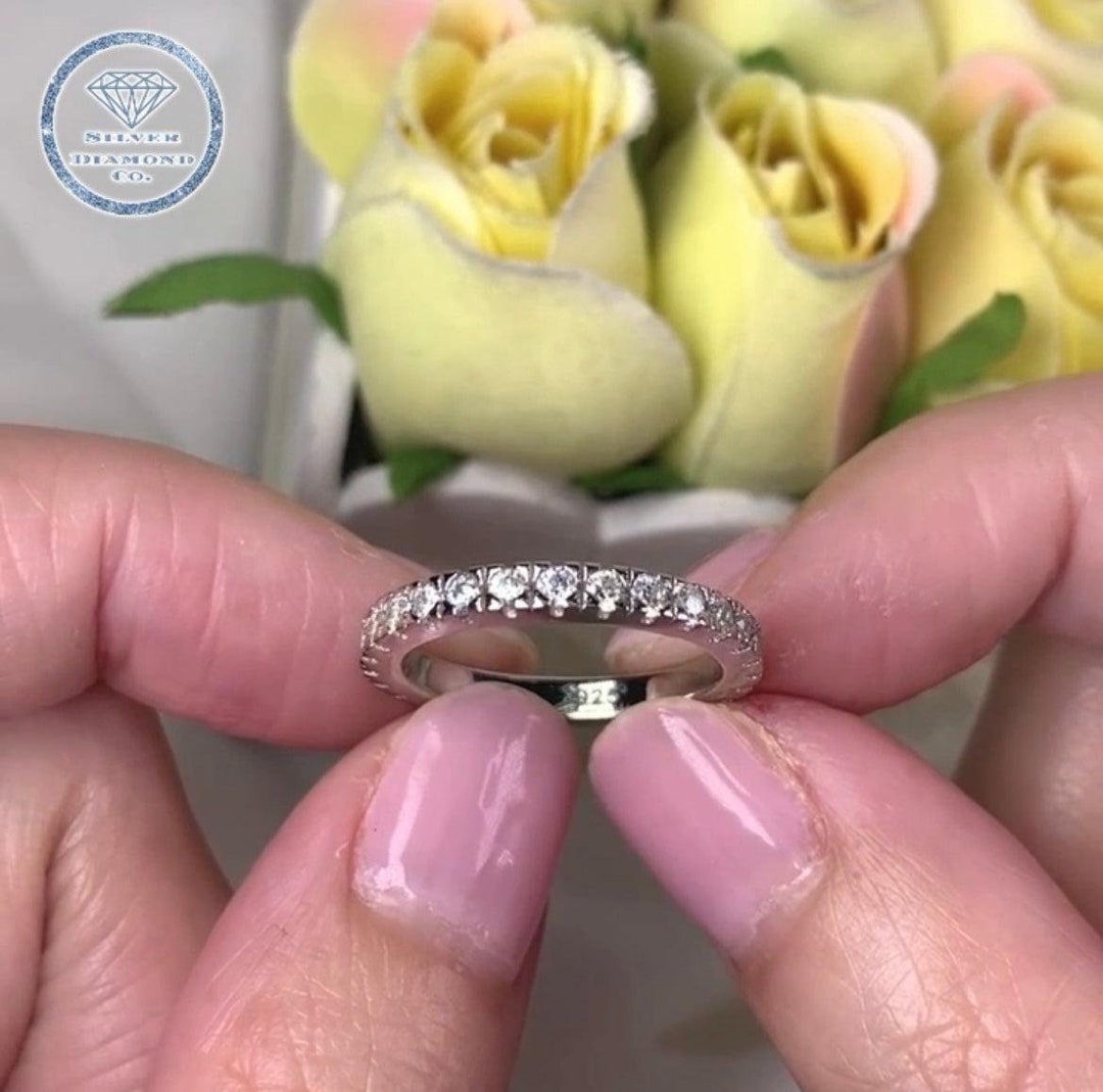 Silver Wedding Band Micro Set Eternity Lab Created Diamond Sterling 925 ...
