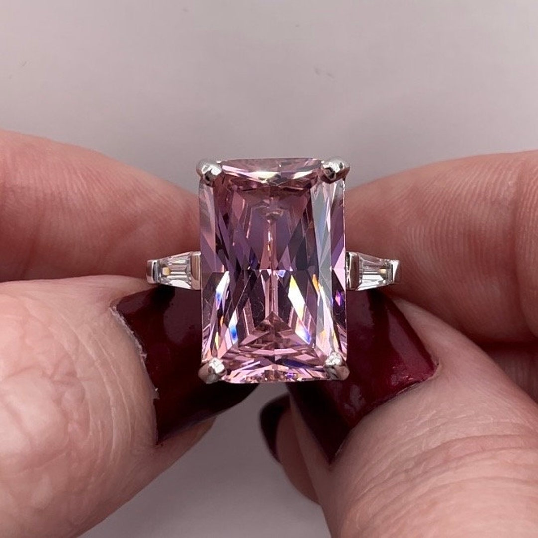 9ct Pink Diamond Engagement Ring, Emerald Cut Pink Created Diamond Ring ...