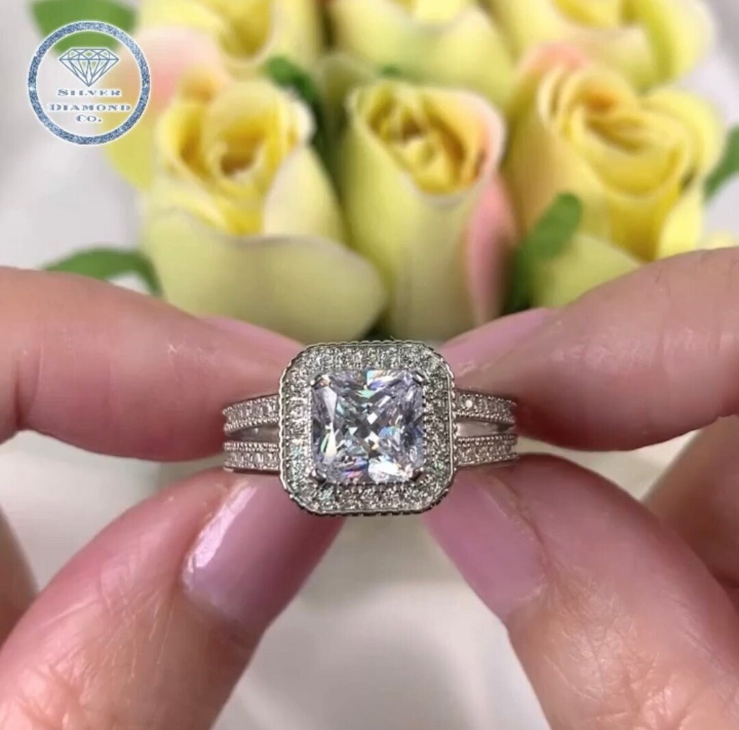 Art Deco Princess Cut Lab Created Diamond Halo Engagement Ring Silver Diamond Wedding Ring ...