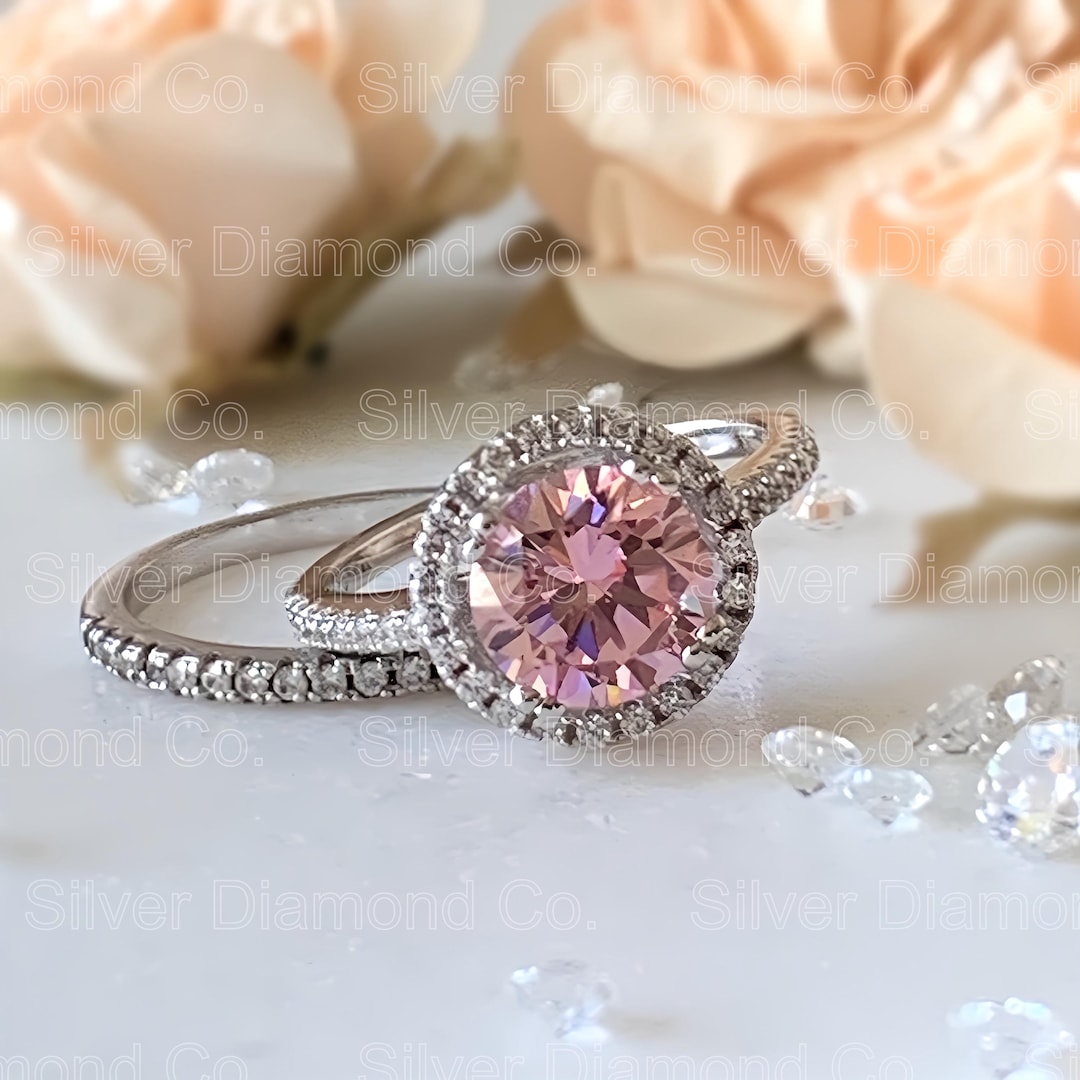 2ct Pink Bridal Set Engagement Ring Lab Created Pink Diamond Halo Art ...