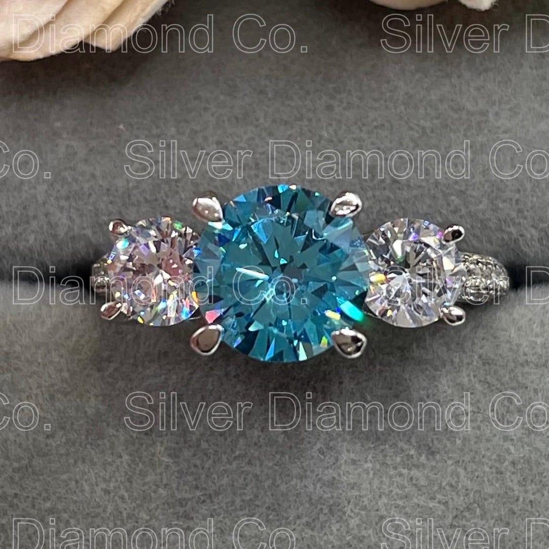 Three Stone Blue Ring Round Lab Created Blue Diamond Engagement Wedding ...
