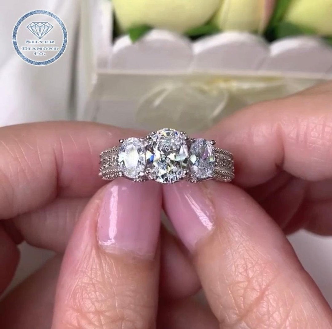 Oval Three Stone Ring Oval Lab Created Diamond Wedding Ring Anniversary ...