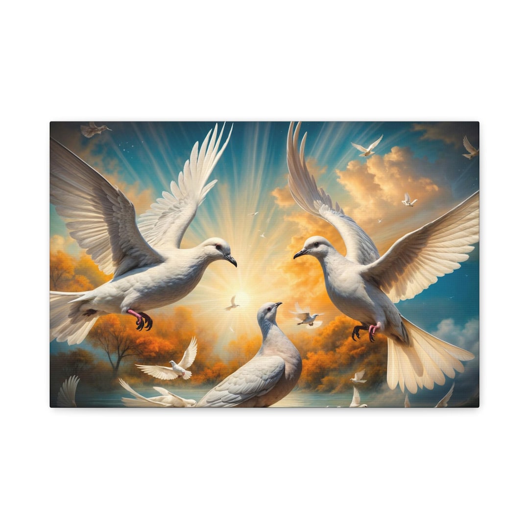 Canvas Print, Three White Doves in Flight Against Vibrant Sky, Nature ...