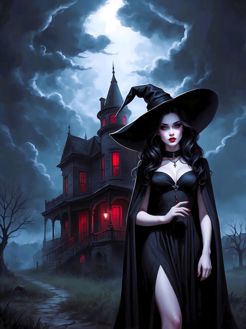 Gothic Witch Art Print: Haunted House Illustration (digital Download ...