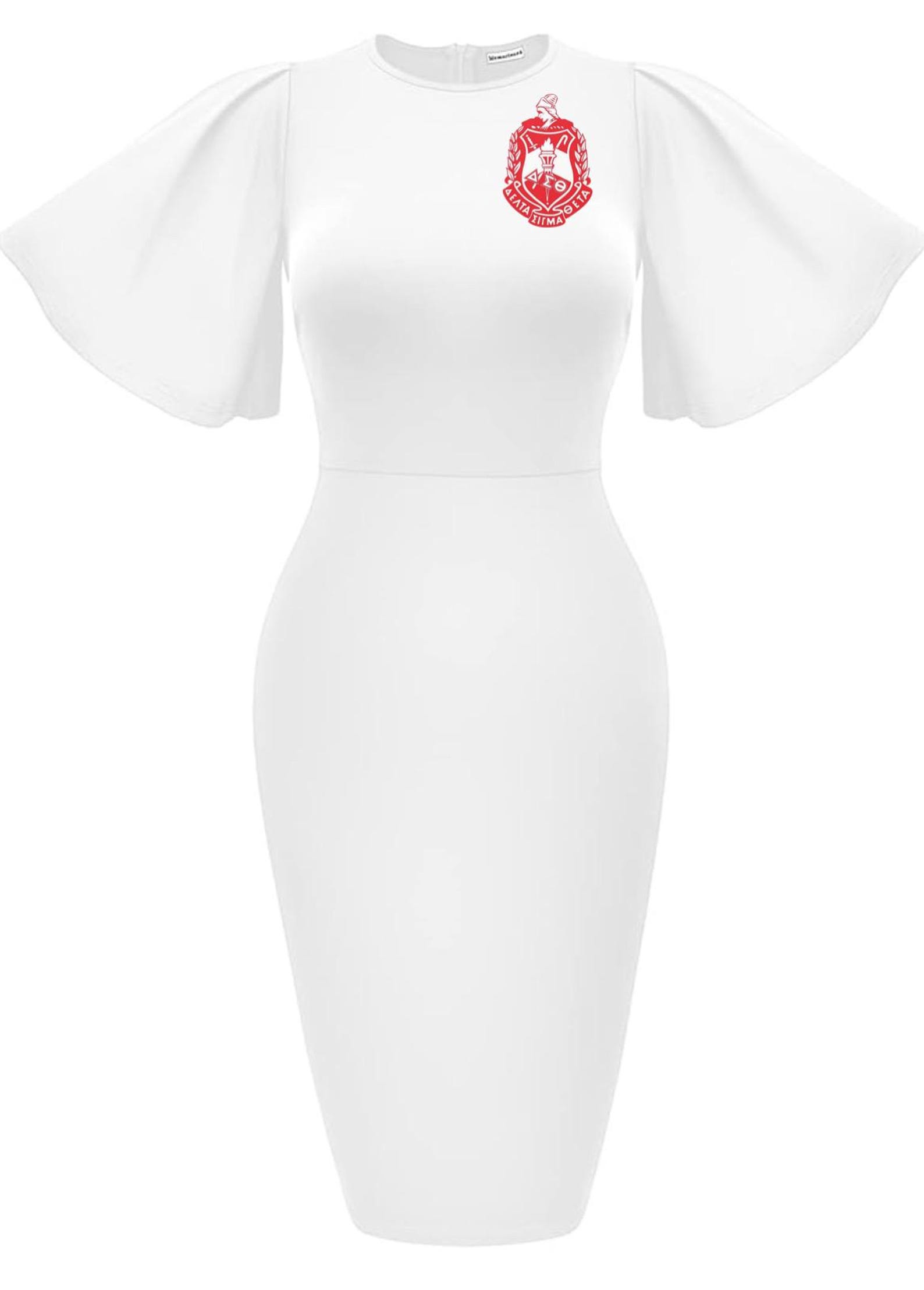Delta Sigma Theta Embroidery “fitted” Dress in White With Flare Sleeves ...