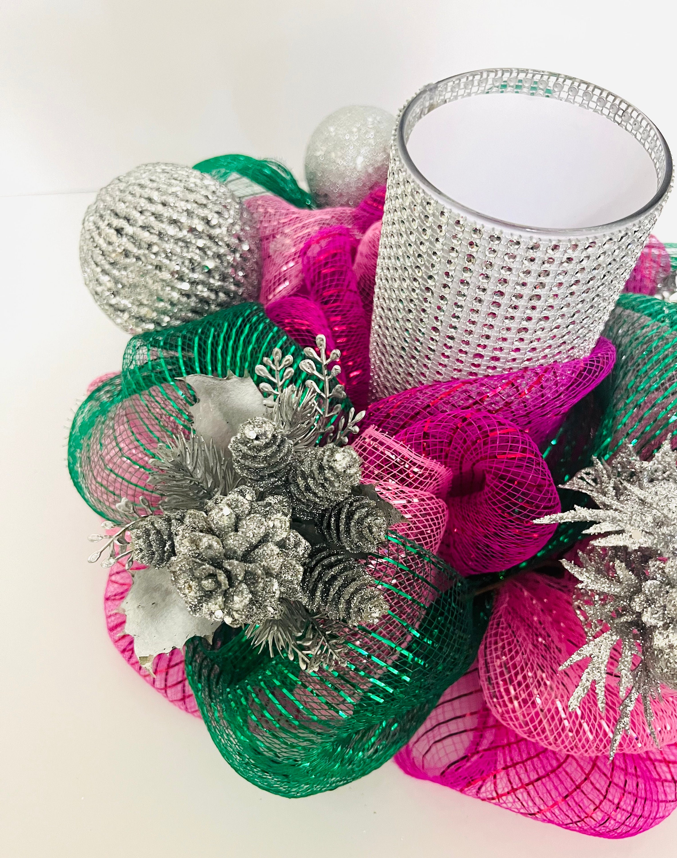 Pink Hot Pink Green and Silver Christmas Centerpiece - Etsy