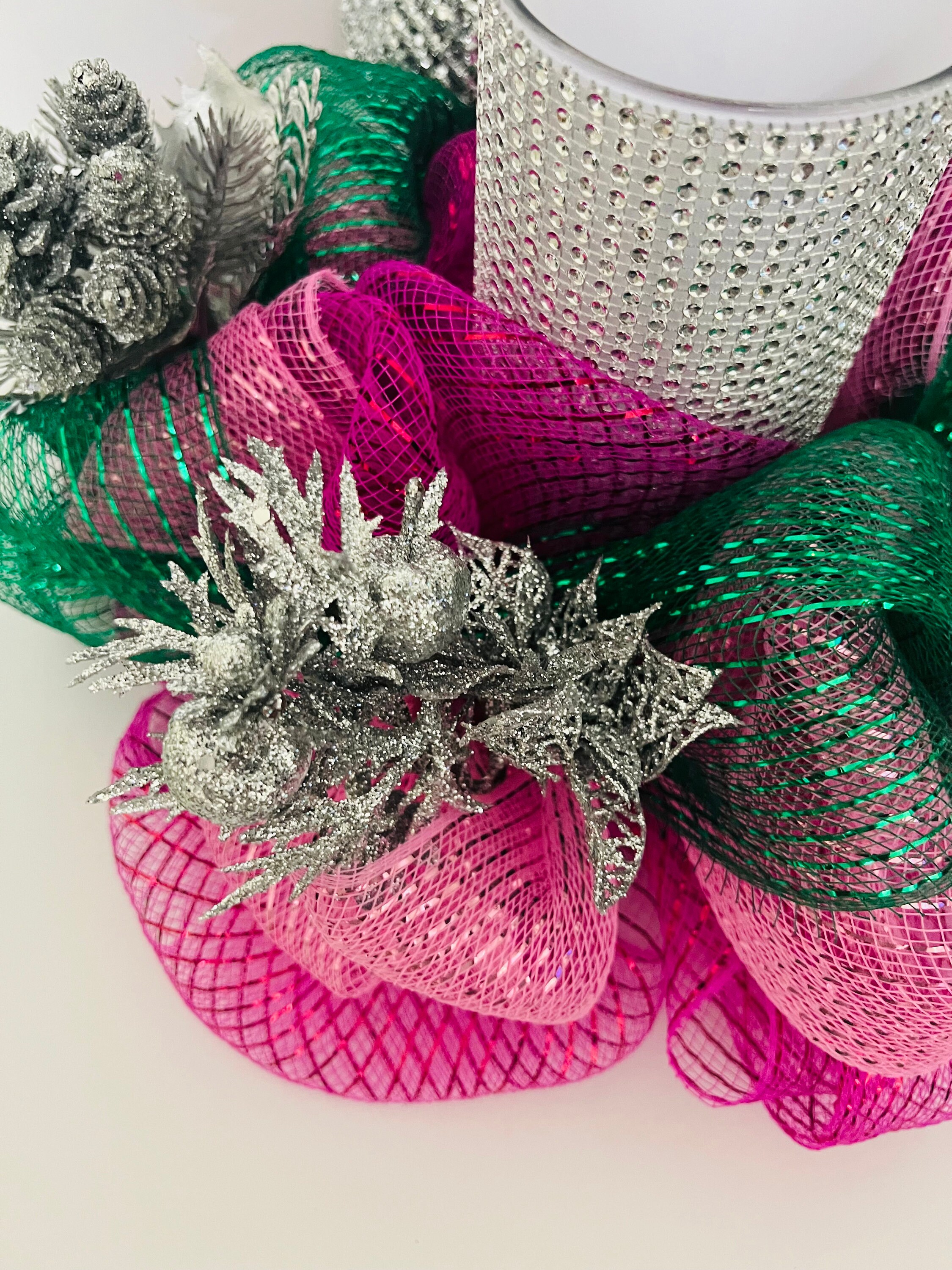 Pink Hot Pink Green and Silver Christmas Centerpiece - Etsy