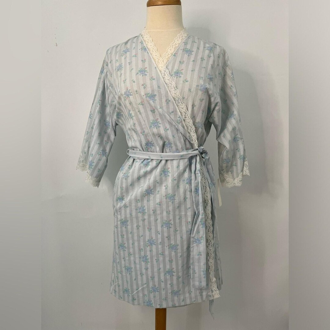 Vintage 80’s Lorraine S Pastel Blue Floral Stripe Robe 0130 Belted ...