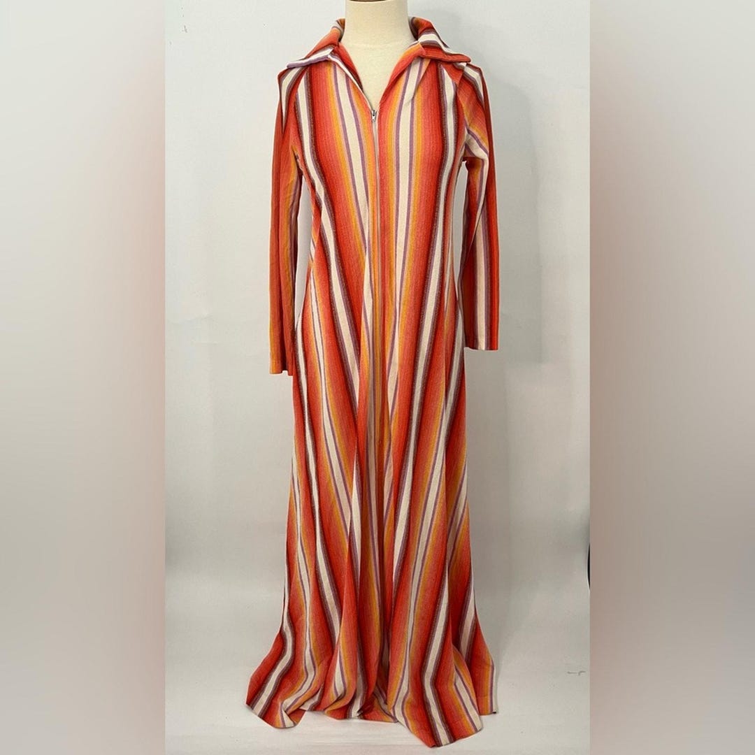 Vintage S/M 70s Disco Zip Front Orange 0386 Red Maxi Long Sleeve Collar ...