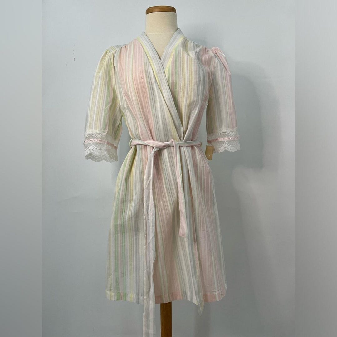 Vintage 80’s Lorraine Rainbow Stripe Robe Lace 0129 Belted Short Pastel ...
