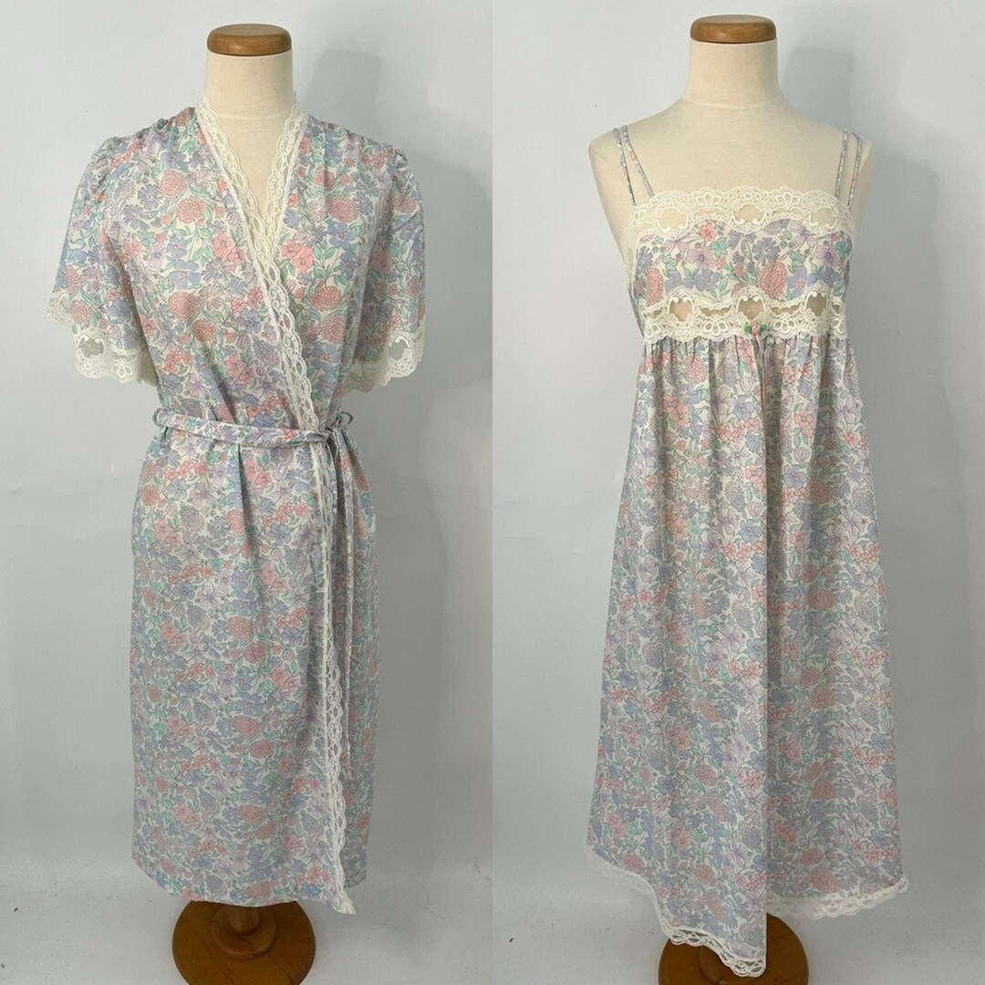 Vintage 80’s Lorraine S Set Robe and Chemise Pastel 0131 Floral Lace ...