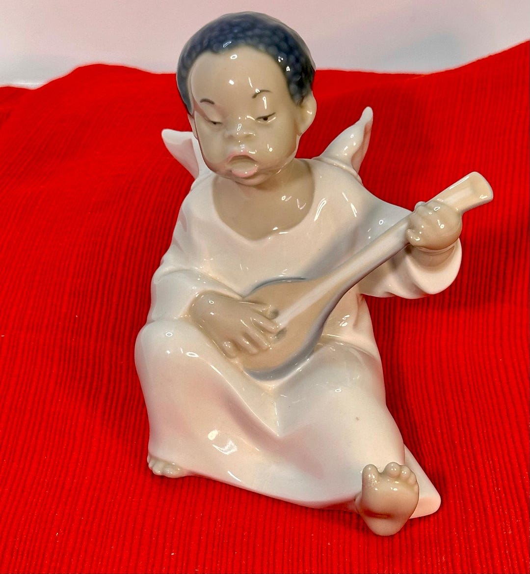 Lladro Dark Skinned African American Angel Cupid Playing Mandolin Fine ...