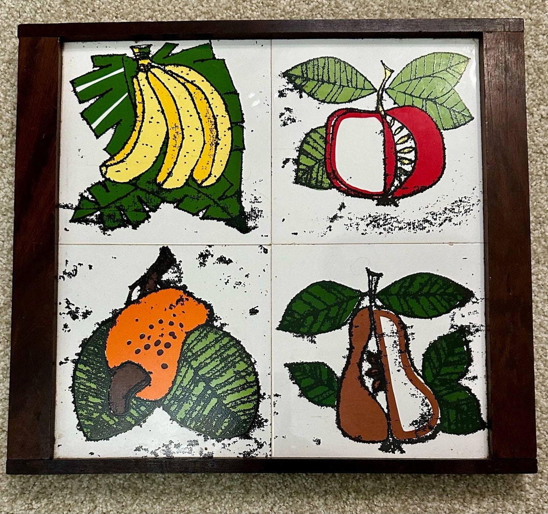 Vintage Midcentury Porcelain Fruit Trivet Tray Board Kitchen Heavy Duty ...