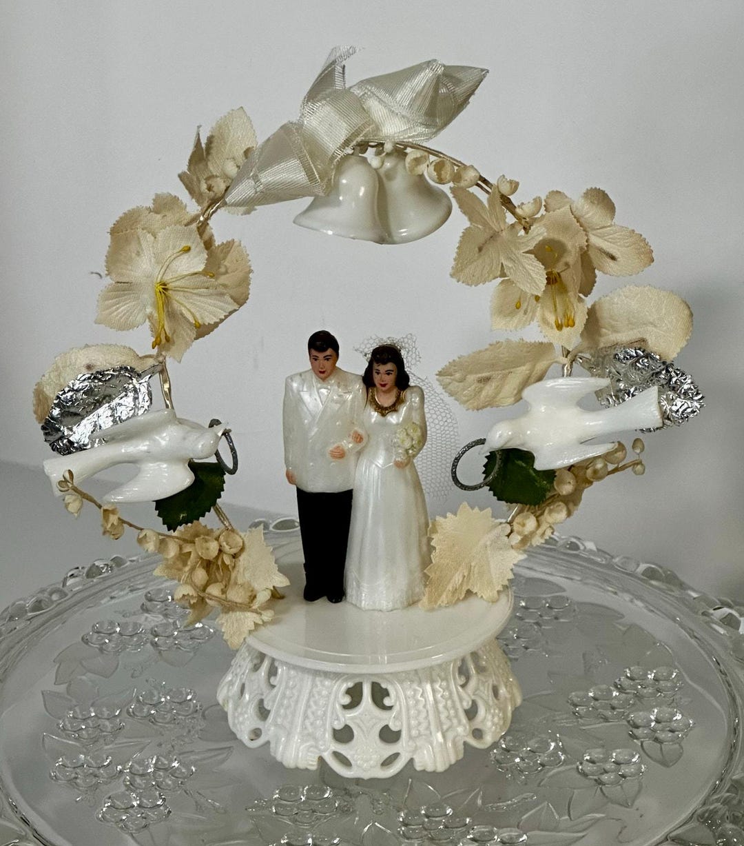 Vintage Wedding Cake Topper Man Woman With Doves Holding Rings Flowers ...