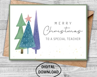 Printable Holiday Card for Teacher, Christmas Thank You Card for ...