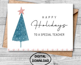 Printable Holiday Card for Teacher, Christmas Thank You Card for ...