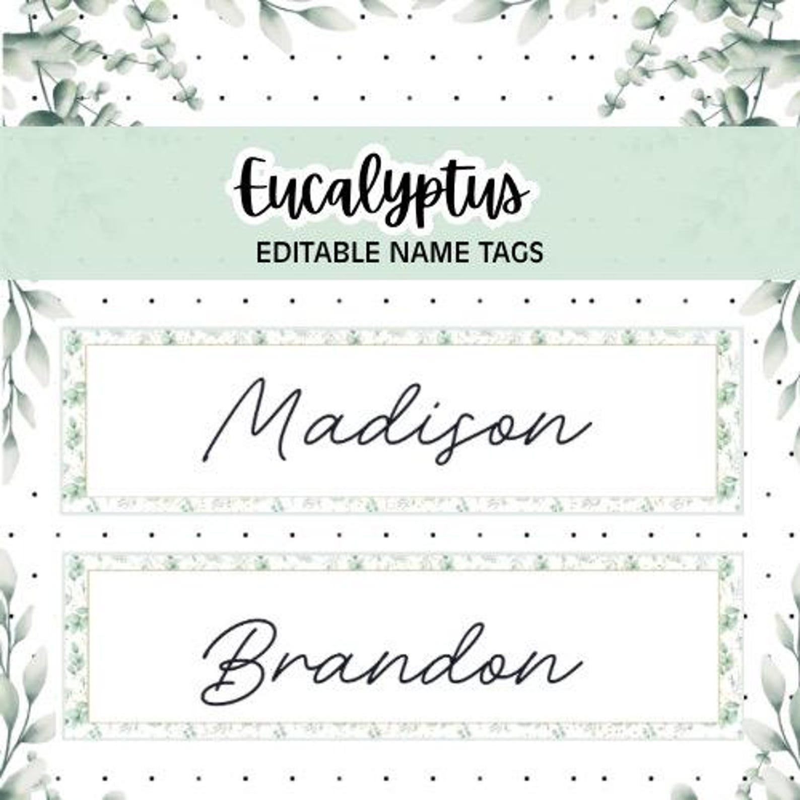 Editable Class Name Tags, Desk Tags, Eucalyptus Theme Name Tags - Etsy