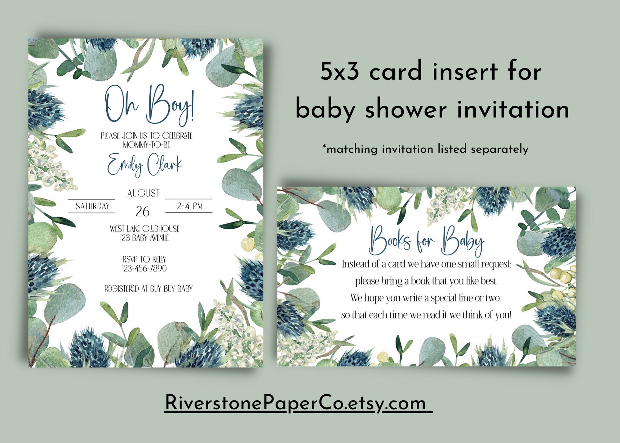 Books for Baby Card Baby Shower Insert Eucalyptus and Thistle, Book ...