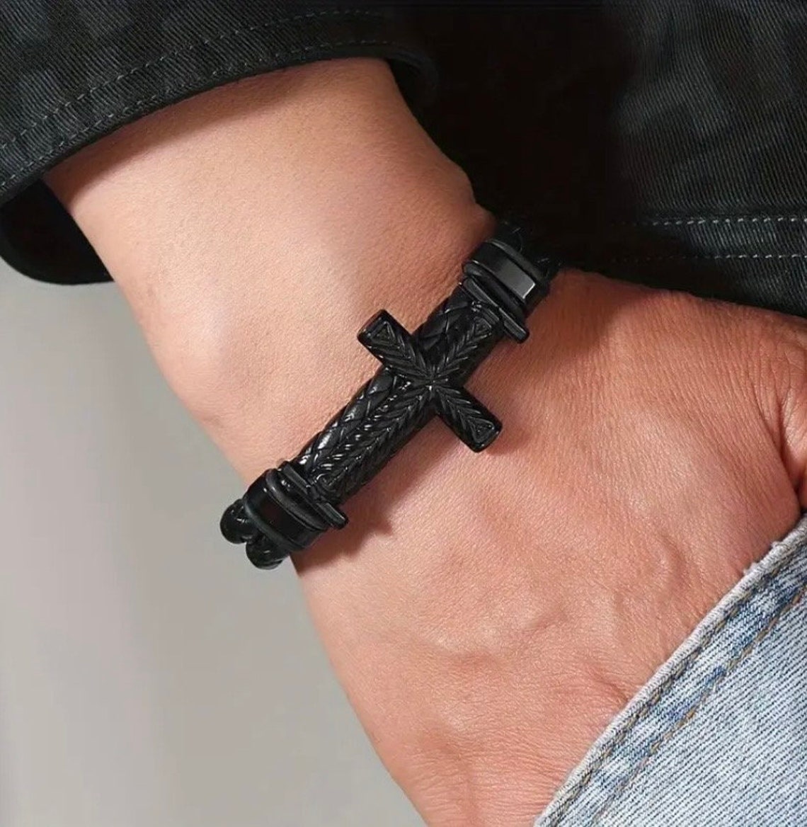 Christian Bracelet for Men. Men's Cross Leather Bracelet, Black ...