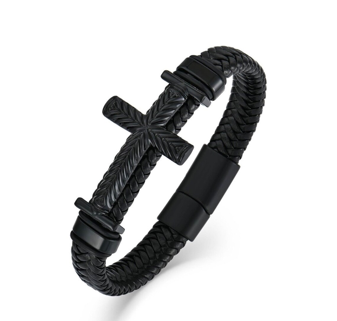 Christian Bracelet for Men. Men's Cross Leather Bracelet, Black ...