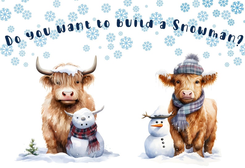 Watercolor Highland Cow Winter Clipart: Snowman Nursery Print (PNG) - Etsy