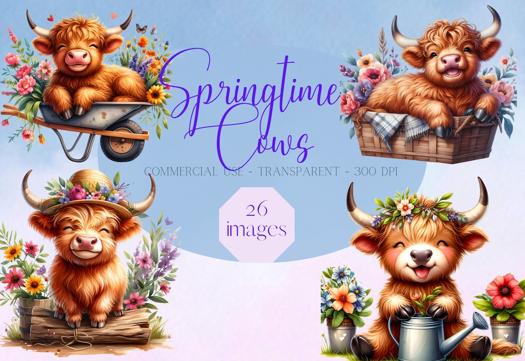 Watercolor Highland Cow Clipart: Spring Flower Crown PNG (commercial ...