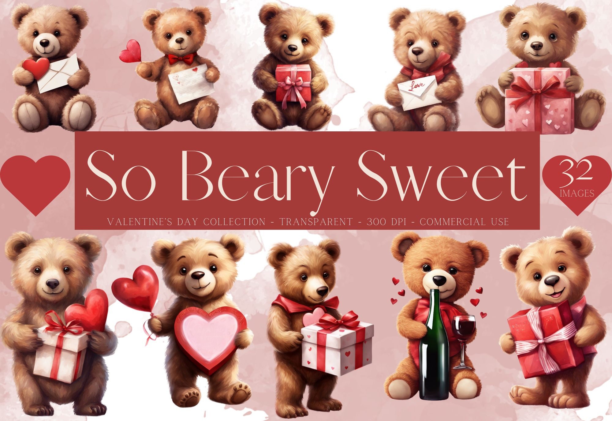 Valentine's Day Bear Clipart PNG, Watercolor Bear Clipart, Romantic ...