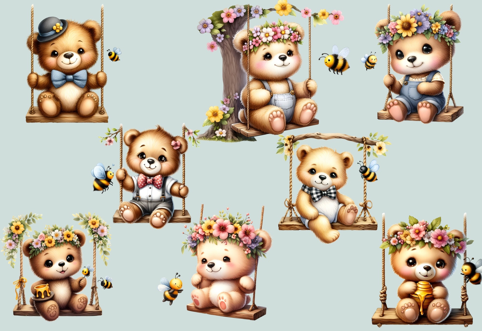 Watercolor Honey Bear Bumble Bee Clipart, Swinging Teddy Bear, Honey ...