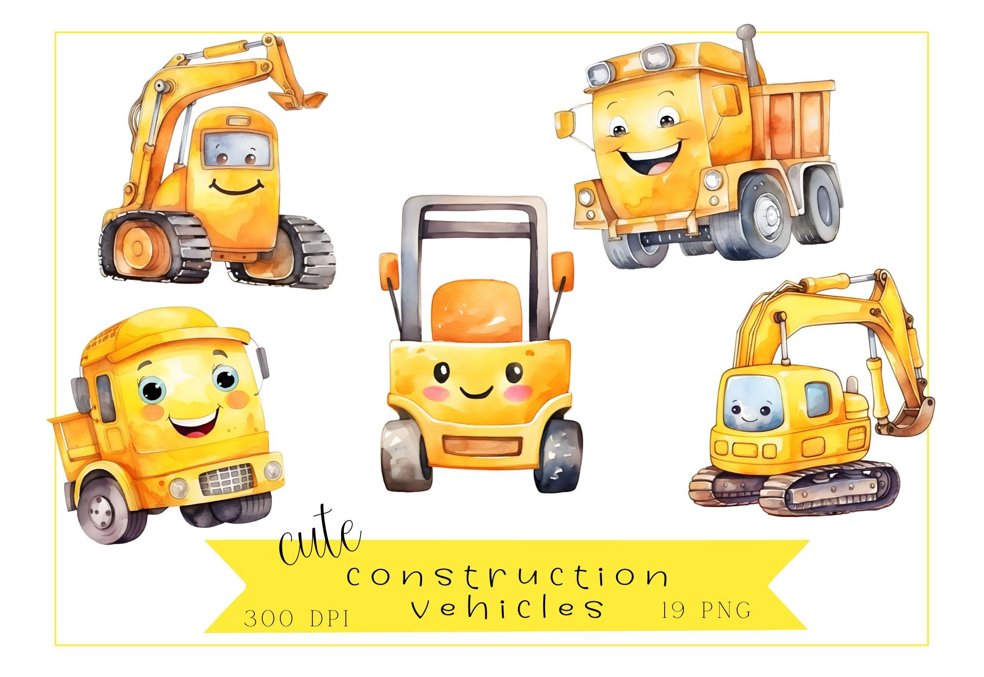 Watercolor Construction Vehicle Clipart, Cute Construction Birthday ...