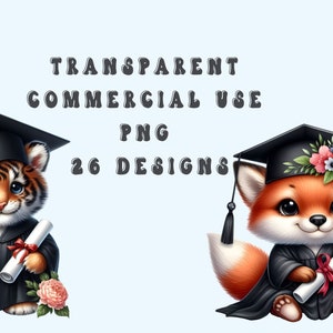 Watercolor Graduation Clipart PNG Bundle, Cute Animal Clipart ...