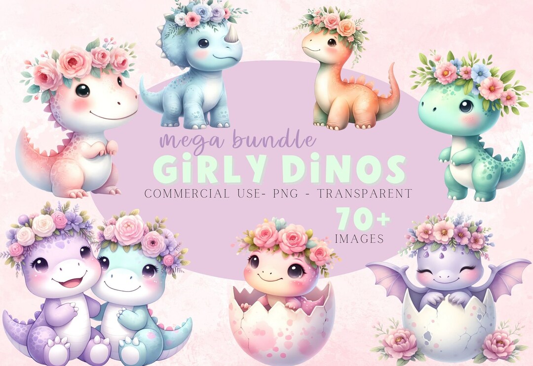 Girly Watercolor Dinosaur Clipart, Dino Clipart PNG, Cute Dinosaur ...