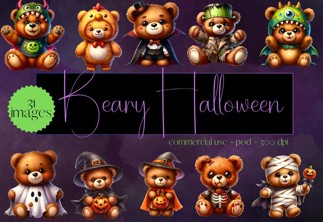 Watercolor Halloween Bear Clipart: Spooky Haunted Images (digital ...