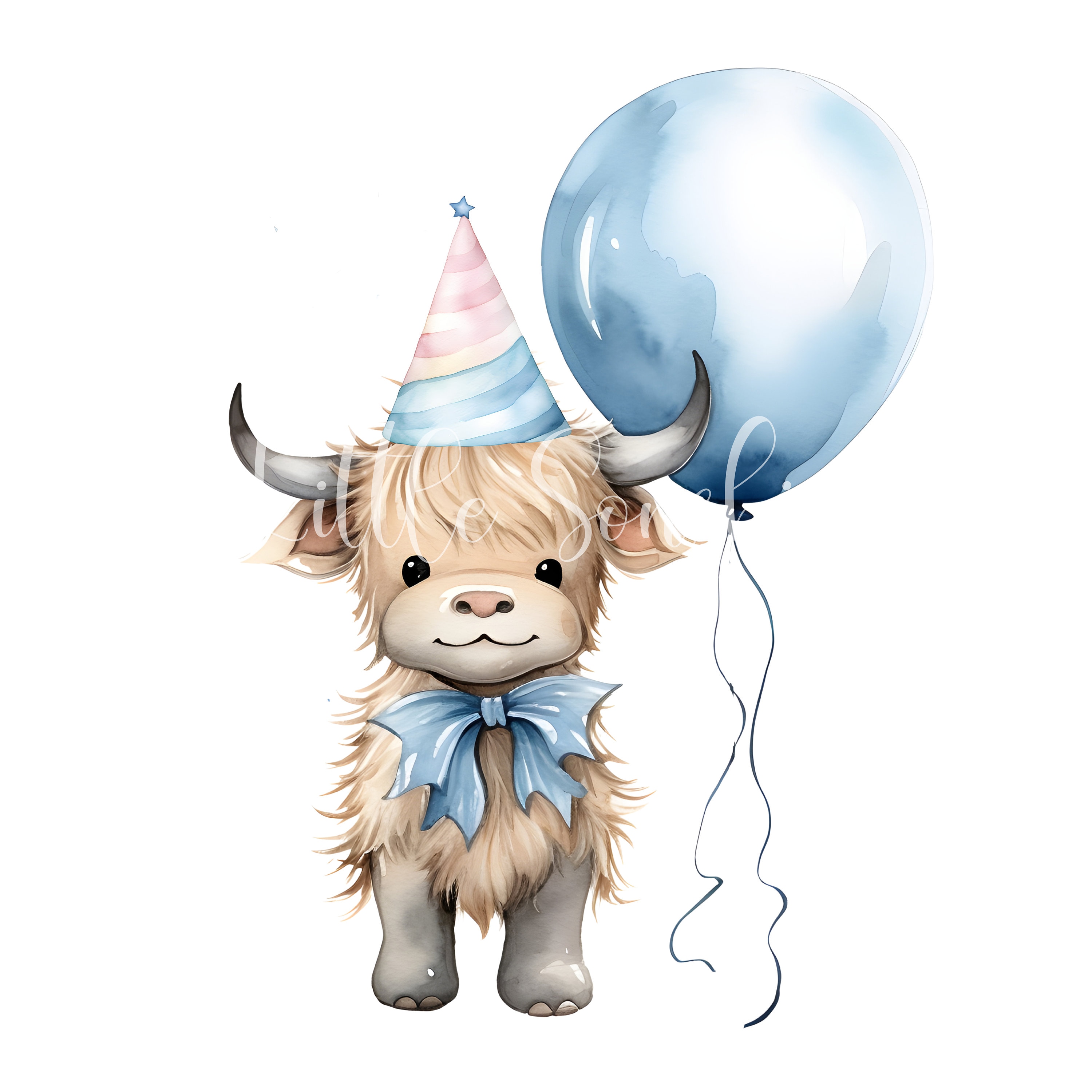 Highland Cow Blue Birthday Clipart Png, Highland Cow PNG, Nursery Print ...
