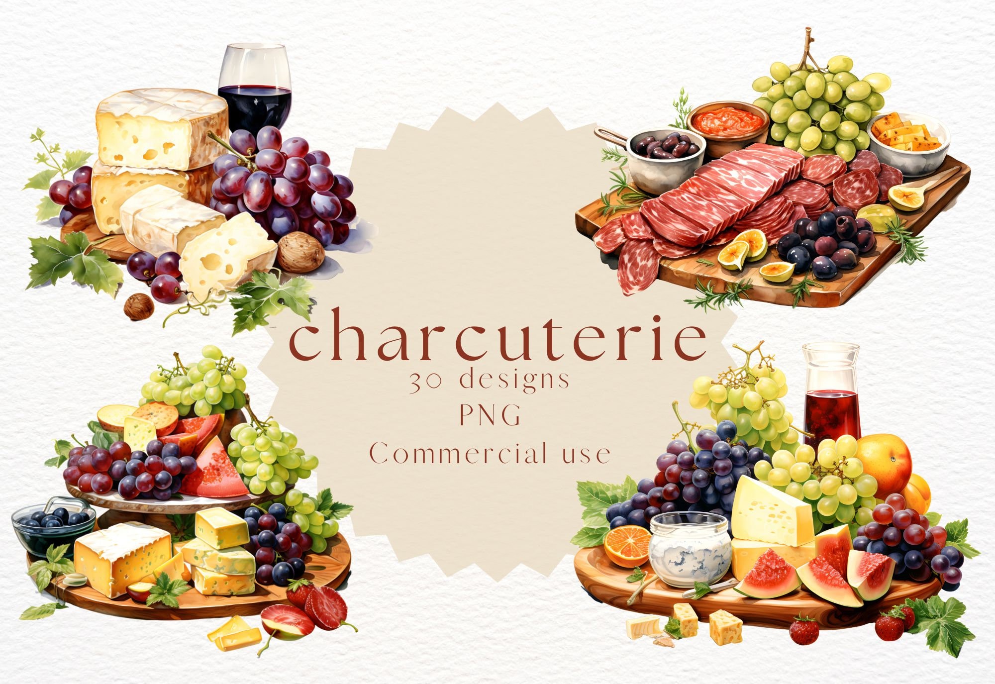 Watercolor Charcuterie Board Clipart, Cheese Board Clipart, Menu ...