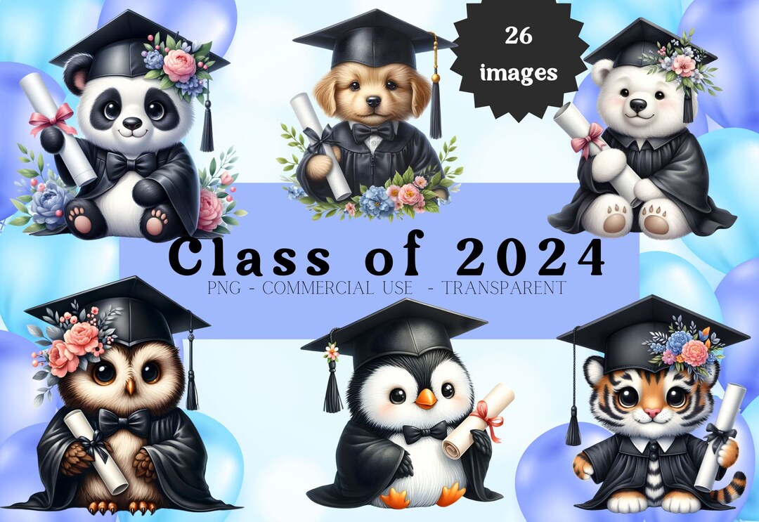 Watercolor Graduation Clipart PNG Bundle, Cute Animal Clipart ...