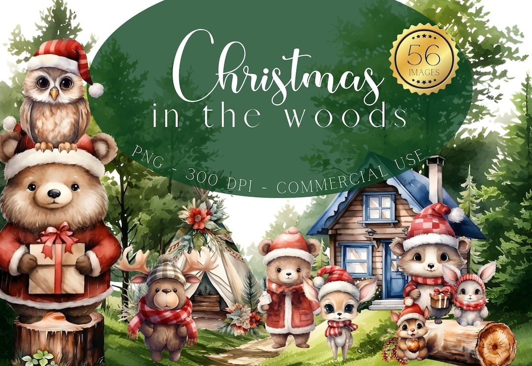 Woodland Christmas Clipart, Watercolor Winter Christmas Animals, Cute ...