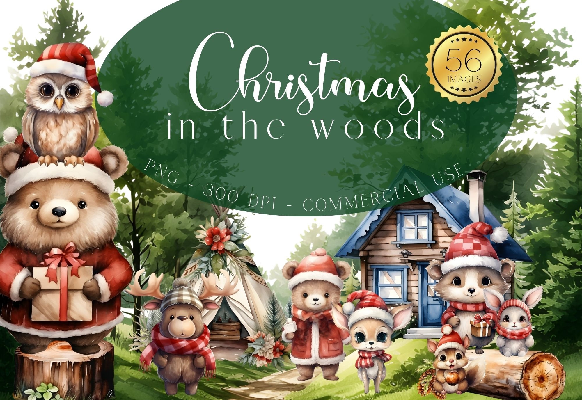 Woodland Christmas Clipart, Watercolor Winter Christmas Animals, Cute ...