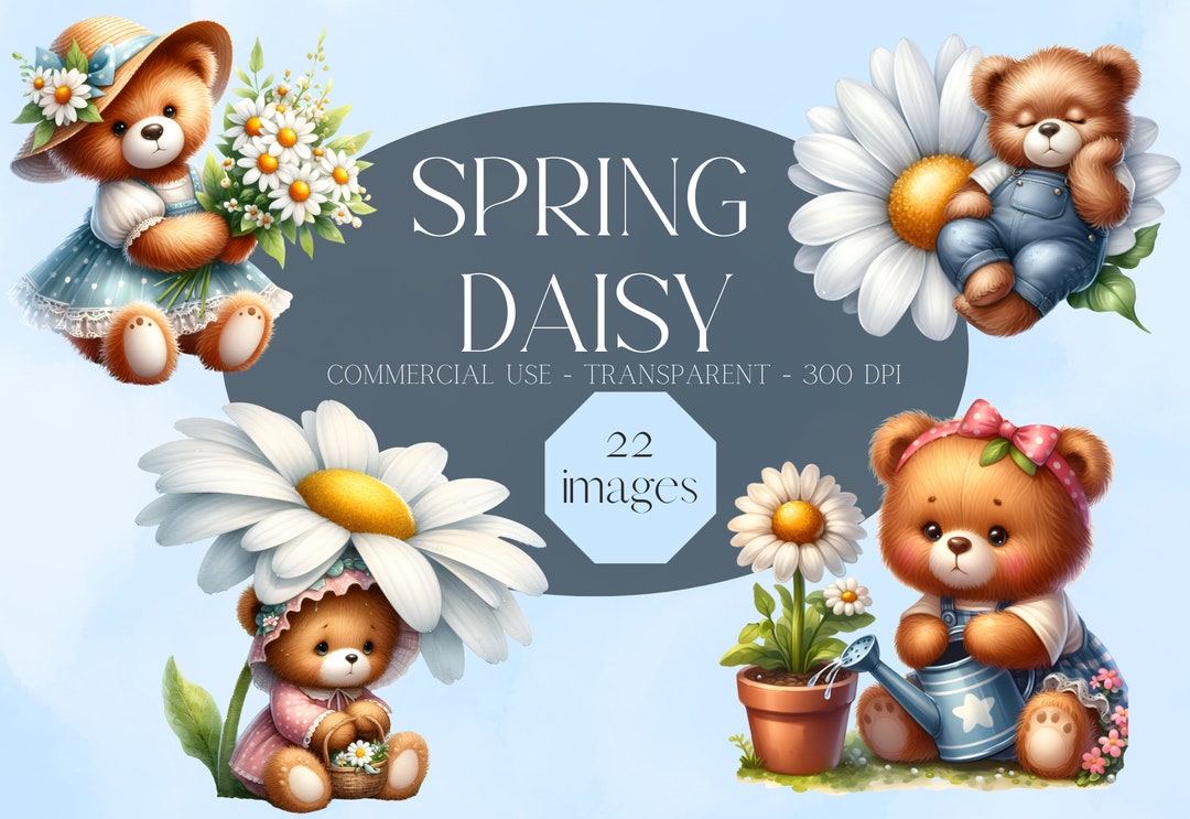 Watercolor Spring Daisy Bear Clipart, Cute Bear Clipart, Daisy Flower ...