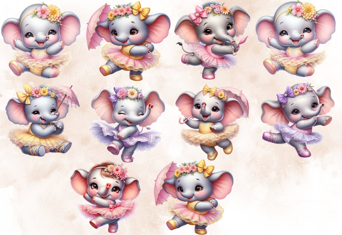 Watercolor Elephant Ballerina Clipart PNG: Dancing Calf With Tutu ...