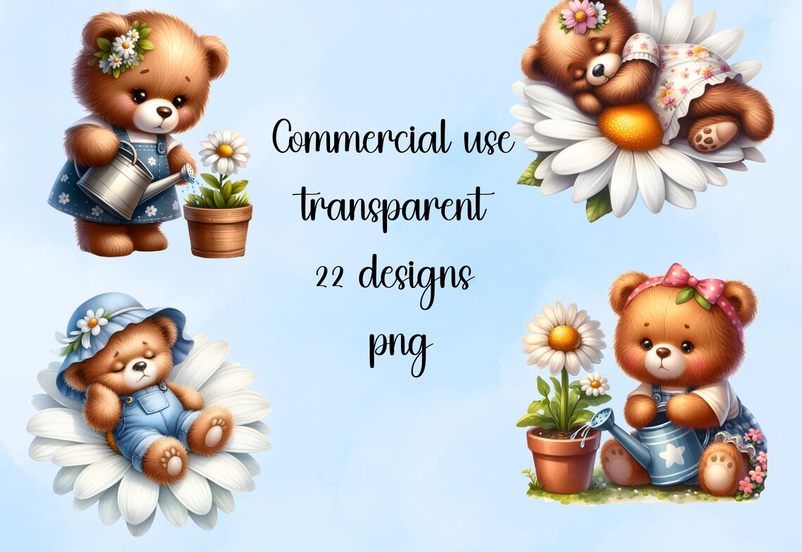 Watercolor Spring Daisy Bear Clipart, Cute Bear Clipart, Daisy Flower ...