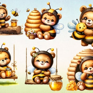 Watercolor Bumble Bee Bear Clipart, Cute Bear Clipart, Bumble Bee ...