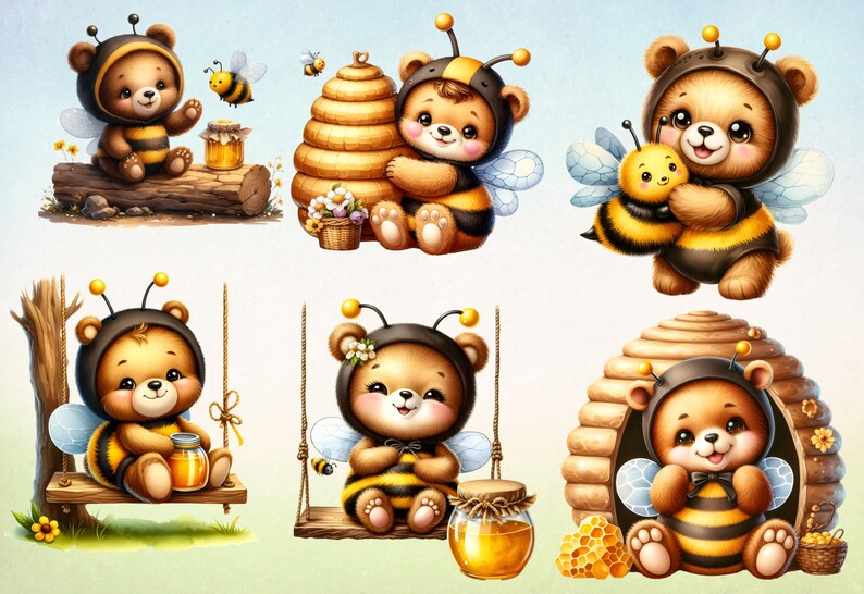 Watercolor Bumble Bee Bear Clipart, Cute Bear Clipart, Bumble Bee ...