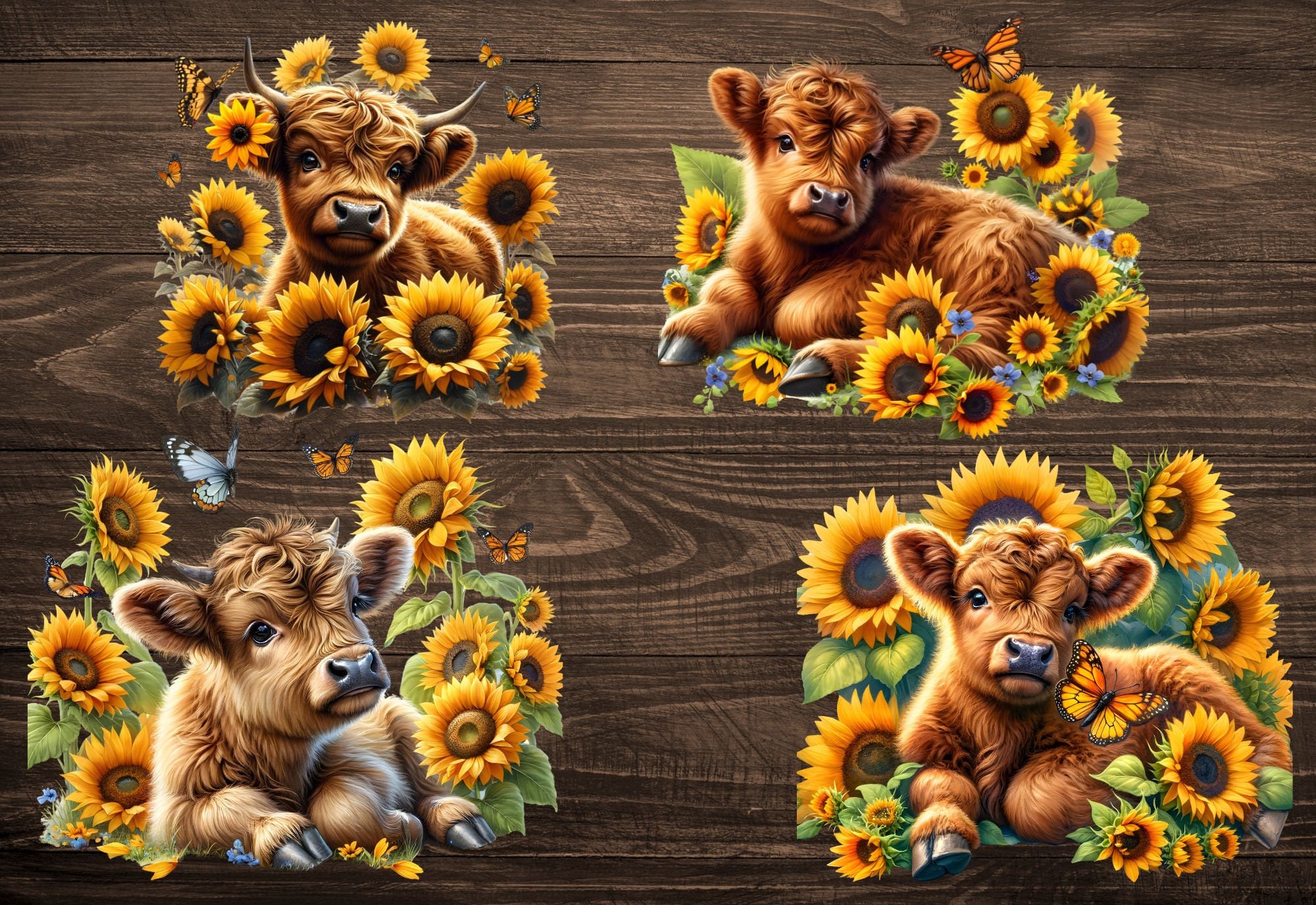 Watercolor Sunflower Highland Cows Collection Clipart, Rustic Cows ...