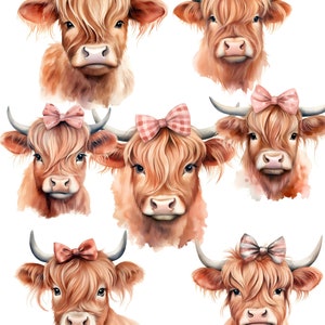 Girl Highland Cow Wearing Hairbow Png, Highland Cow Watercolor Clipart ...